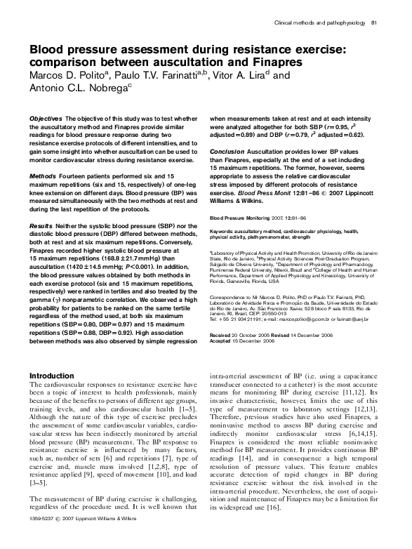 (PDF) Blood pressure assessment during resistance exercise: comparison ...