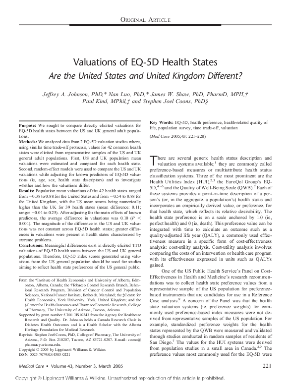 (PDF) Valuations of EQ-5D Health States