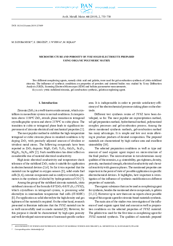 (PDF) Microstructure and Porosity of 3YSZ Solid Electrolyte Prepared Using Organic Polymeric ...