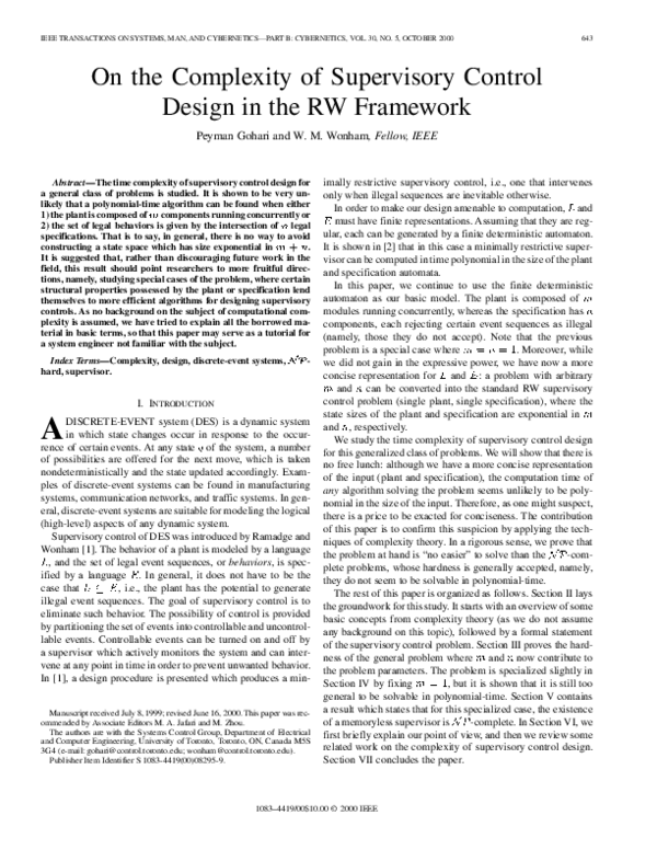 (PDF) On the complexity of supervisory control design in the RW framework