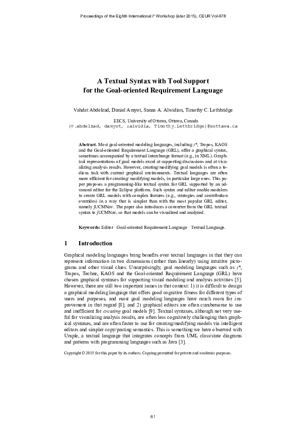 (PDF) A Textual Syntax with Tool Support for the Goal-Oriented Requirement Language