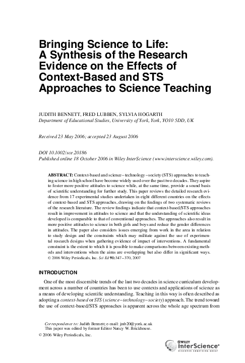 (PDF) Bringing science to life: A synthesis of the research evidence on the effects of context ...