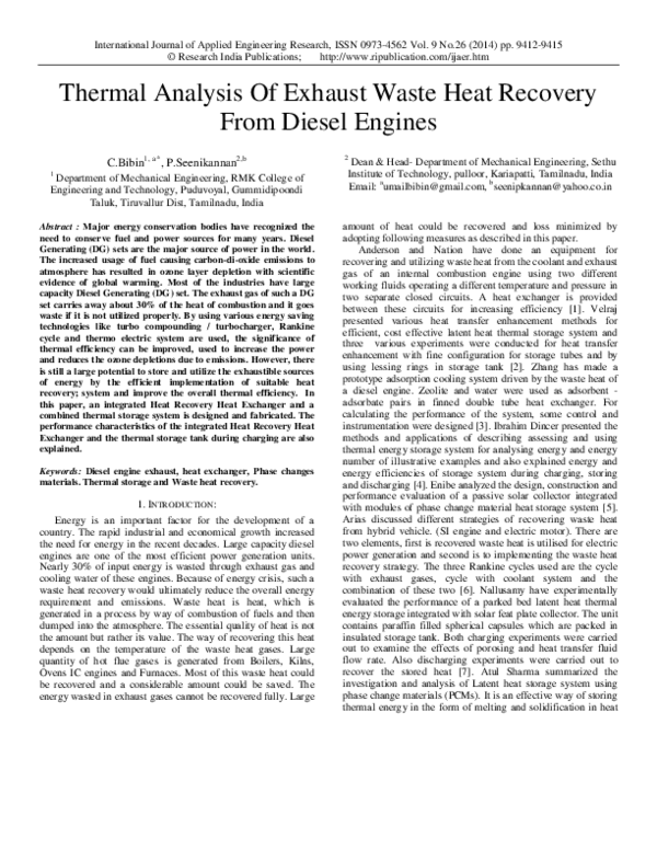 (PDF) Thermal Analysis Of Exhaust Waste Heat Recovery From Diesel Engines