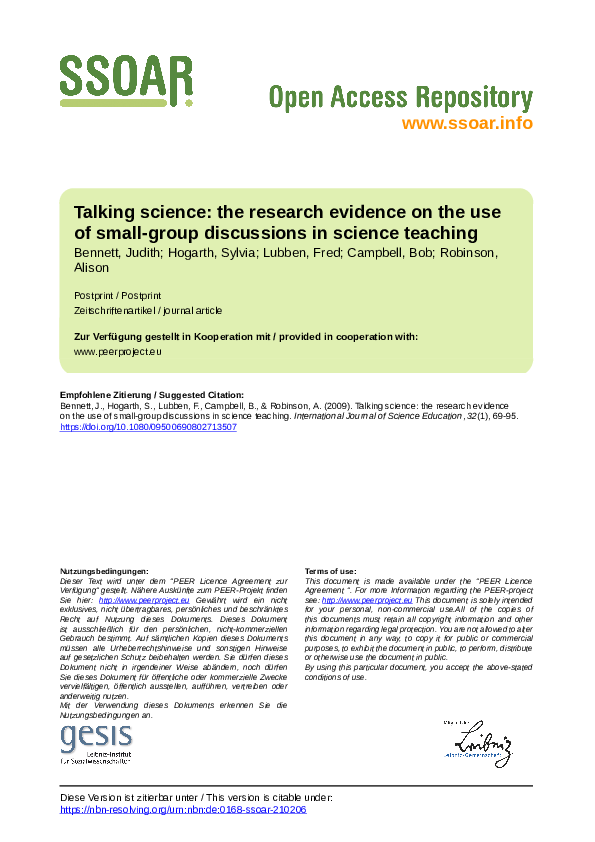 (PDF) Talking Science: The research evidence on the use of small group discussions in science ...