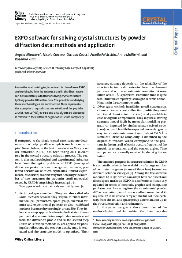 Pdf Expo Software For Solving Crystal Structures By Powder Diffraction Data Methods And