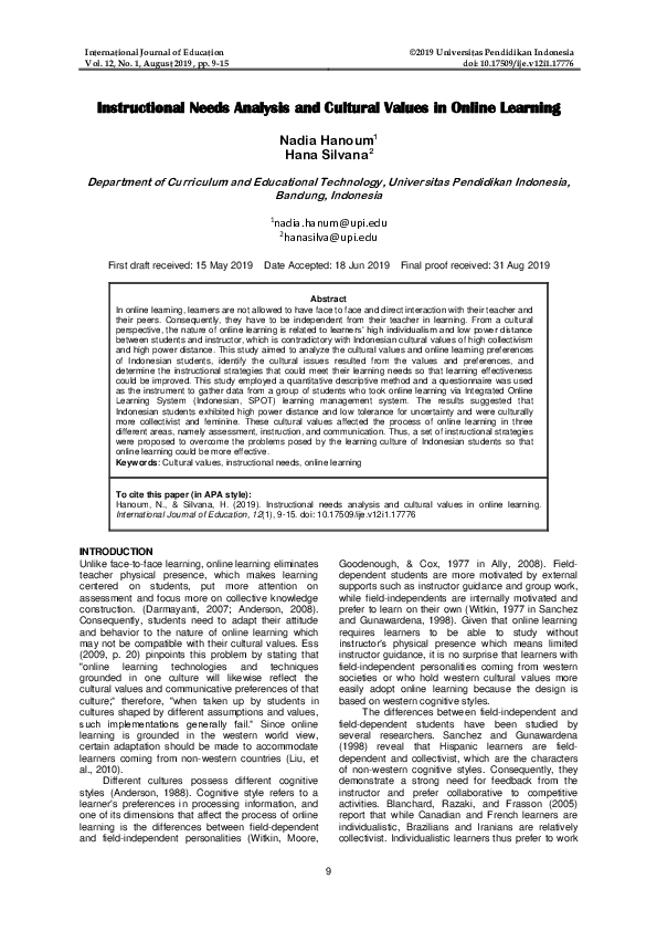(PDF) Instructional Needs Analysis and Cultural Values in Online Learning