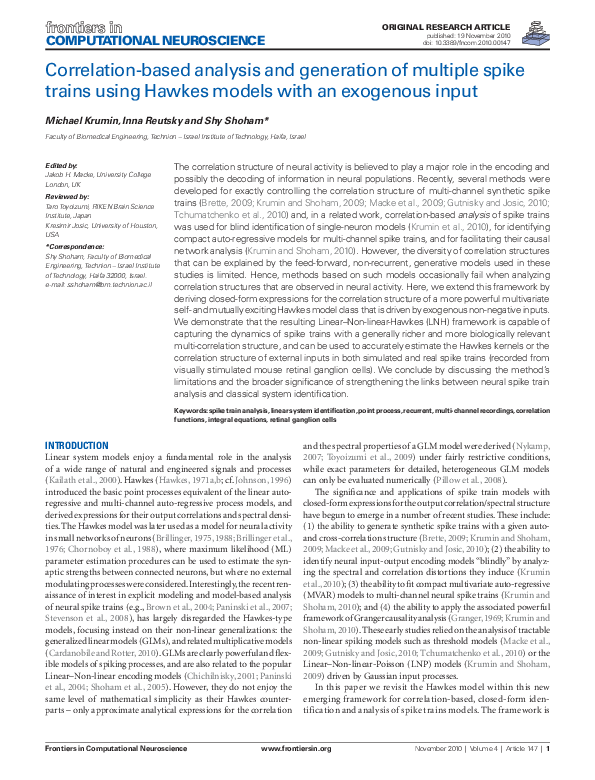 (PDF) Correlation-Based Analysis and Generation of Multiple Spike Trains Using Hawkes Models ...