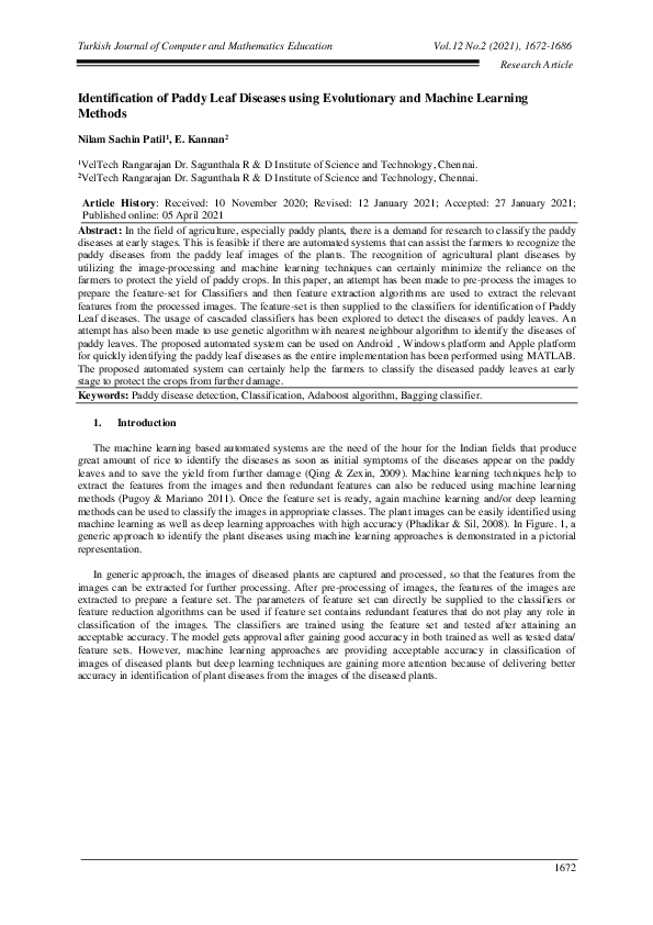 (PDF) Identification of Paddy Leaf Diseases using Evolutionary and Machine Learning Methods