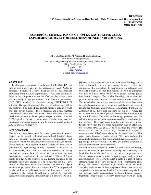 (PDF) Numerical simulation of GE 7001 EA gas turbine using experimental ...