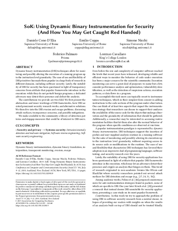 (PDF) SoK: Using Dynamic Binary Instrumentation for Security (And How You May Get Caught Red Handed)