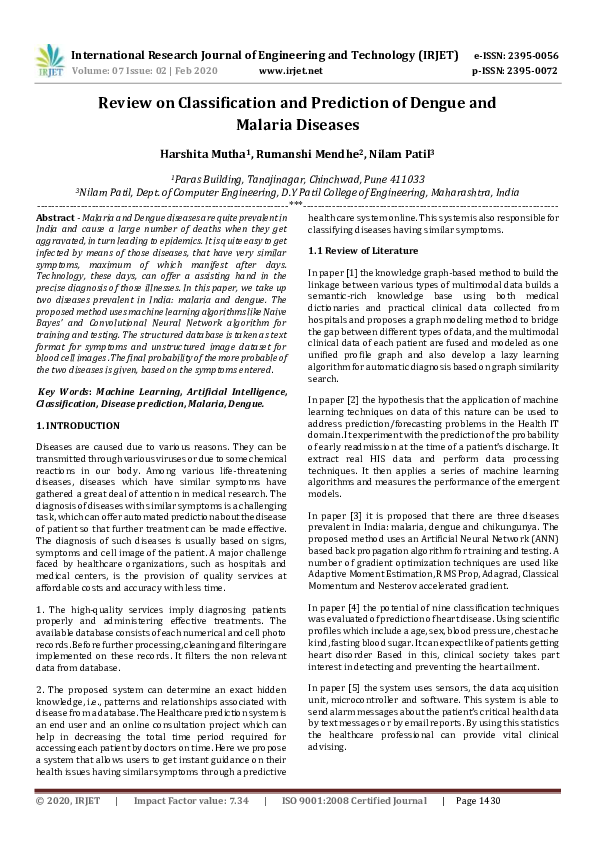 Pdf Review On Classification And Prediction Of Dengue And Malaria Diseases
