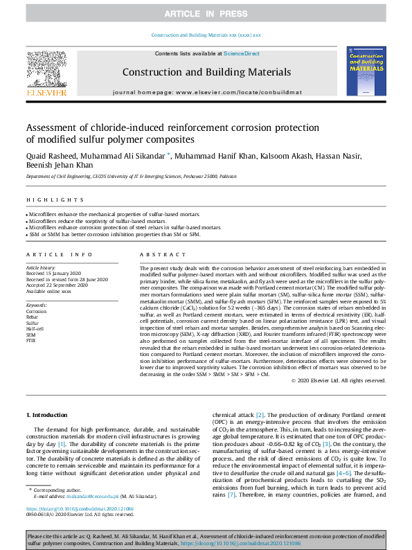 (PDF) Assessment of chloride-induced reinforcement corrosion protection of modified sulfur ...
