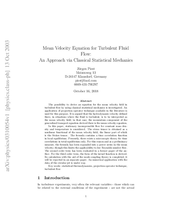 (PDF) Mean Velocity Equation for Turbulent Fluid Flow: An Approach via Classical Statistical ...