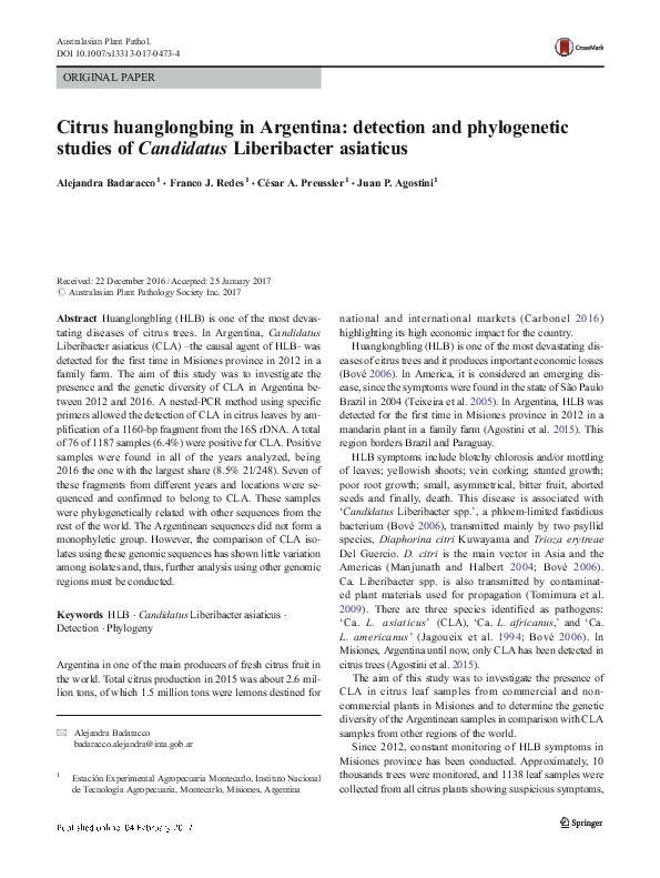 (PDF) Citrus huanglongbing in Argentina: detection and phylogenetic ...