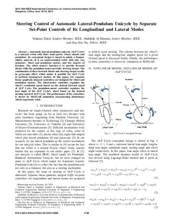 (PDF) Steering control of automatic lateral-pendulum unicycle by ...