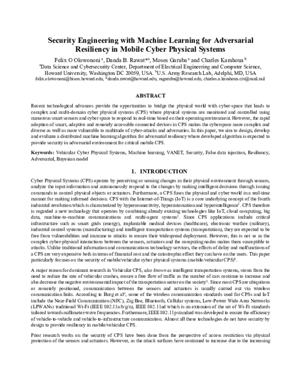 (PDF) Security engineering with machine learning for adversarial resiliency in cyber physical ...