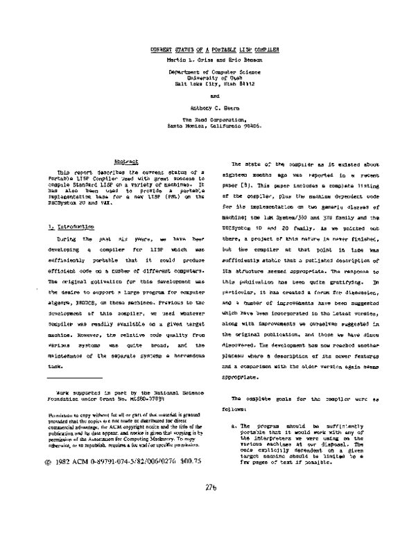 Pdf Current Status Of A Portable Lisp Compiler Eric Benson
