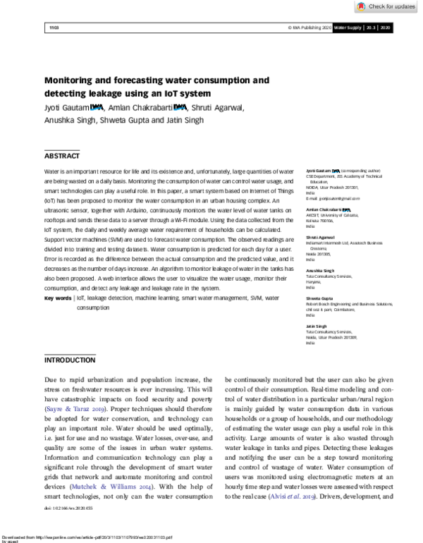 Pdf Monitoring And Forecasting Water Consumption And Detecting Leakage Using An Iot System