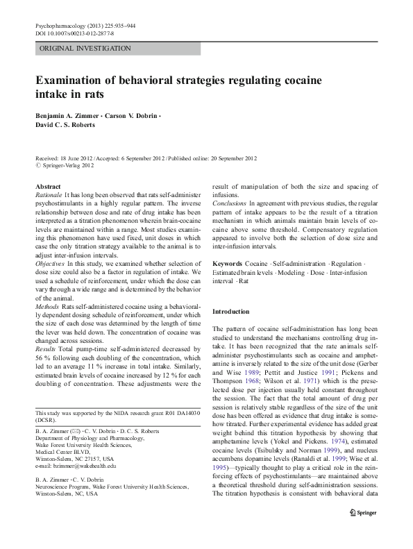(PDF) Examination of behavioral strategies regulating cocaine intake in ...