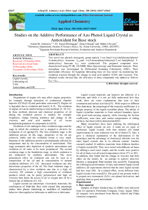 (PDF) Studies on the Additive Performance of AZO Phenol Liquid Crystal ...