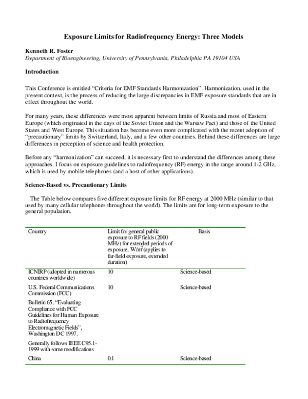 (PDF) Exposure Limits for Radiofrequency Energy: Three Models