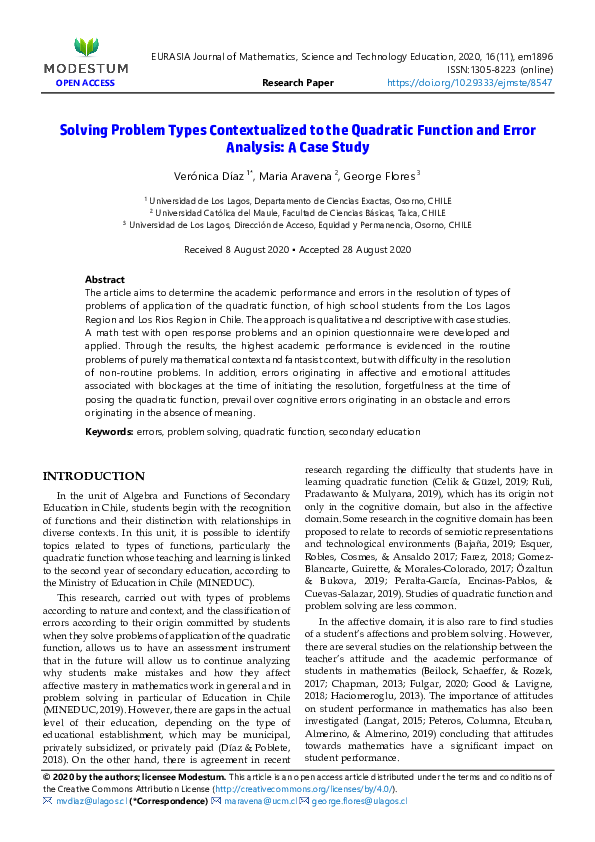 (PDF) Solving Problem Types Contextualized to the Quadratic Function and Error Analysis: A Case ...
