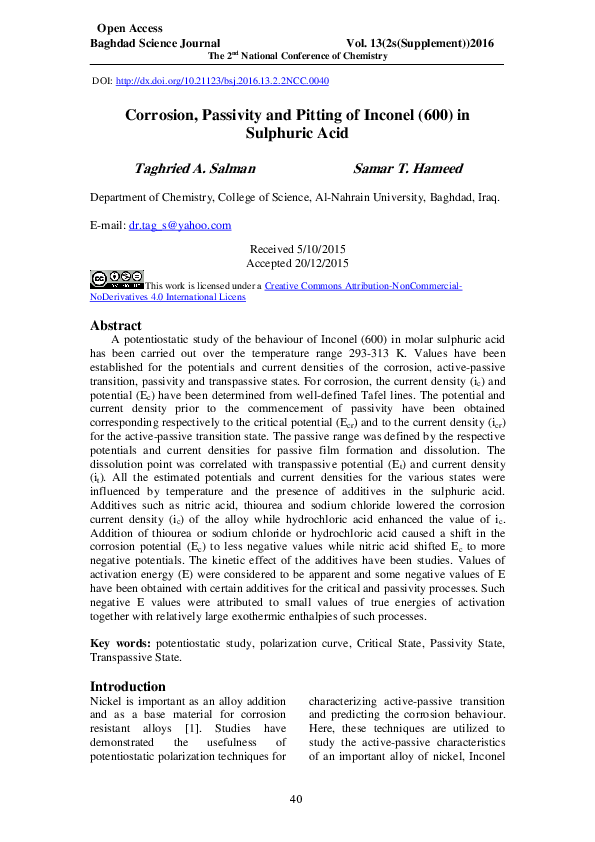 Pdf Corrosion Passivity And Pitting Of Inconel 600 In Sulphuric Acid Taghried Salman