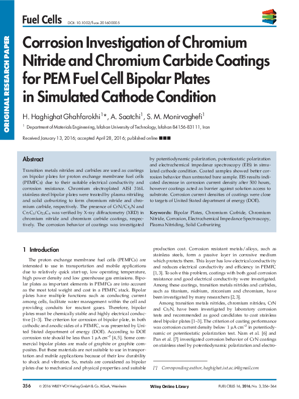 (PDF) Corrosion Investigation of Chromium Nitride and Chromium Carbide Coatings for PEM Fuel ...
