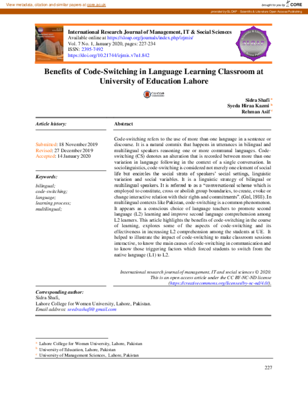 (PDF) Benefits of code-switching in language learning classroom at University of Education Lahore