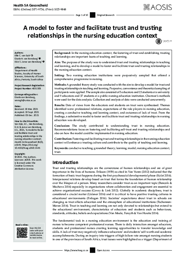 (PDF) A model to foster and facilitate trust and trusting relationships in the nursing education ...