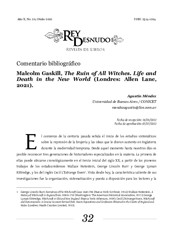 (PDF) Reseña de The Ruin of All Witches (Malcolm Gaskill, 2021)