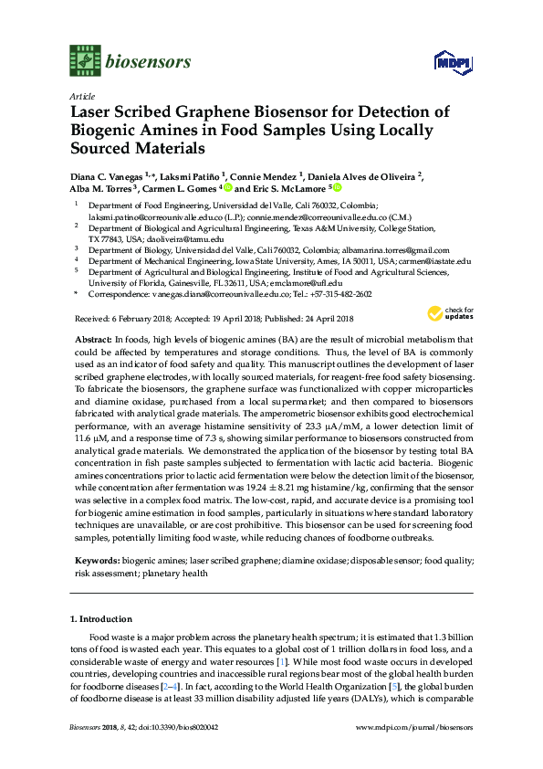 Pdf Laser Scribed Graphene Biosensor For Detection Of Biogenic Amines