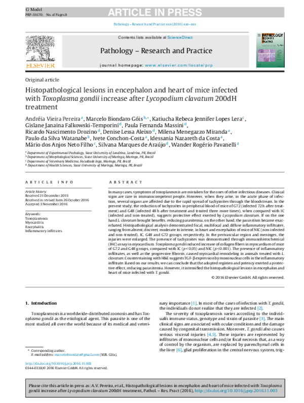 (PDF) Histopathological lesions in encephalon and heart of mice ...