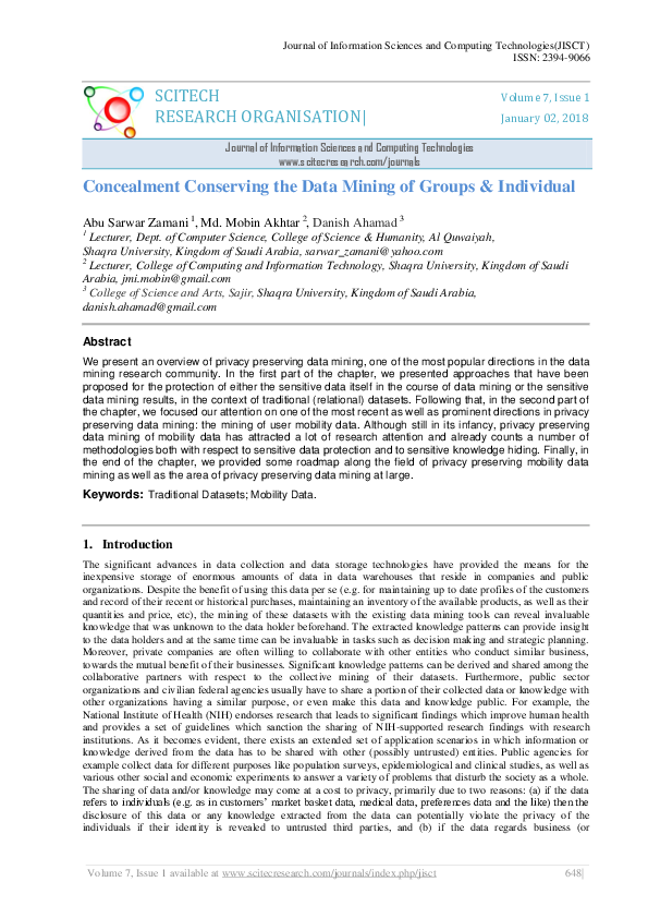 (PDF) Concealment Conserving the Data Mining of Groups & Individual