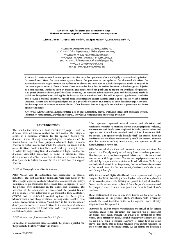 (PDF) Advanced logic for alarm and event processing: Methods to reduce cognitive load for ...