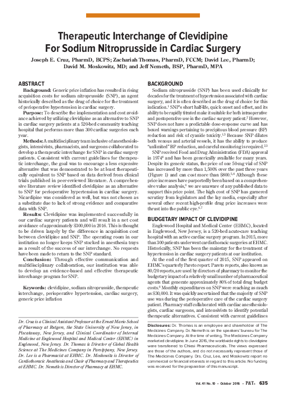 (PDF) Therapeutic Interchange of Clevidipine For Sodium Nitroprusside ...