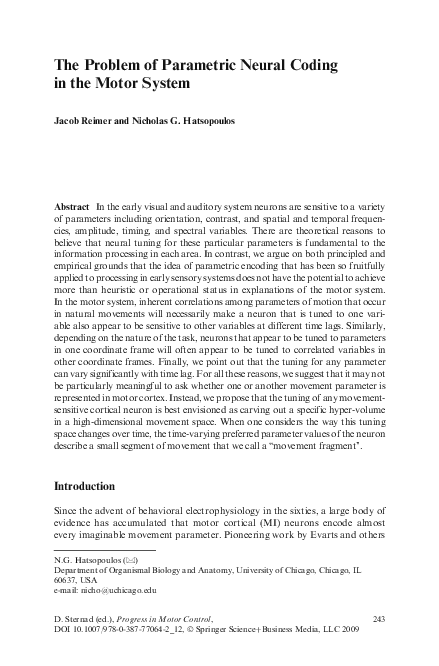 Pdf The Problem Of Parametric Neural Coding In The Motor System