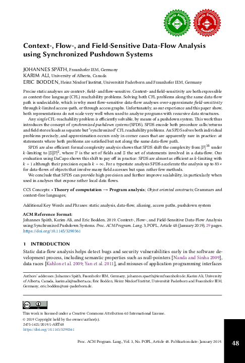 (PDF) Context-, flow-, and field-sensitive data-flow analysis using synchronized Pushdown systems