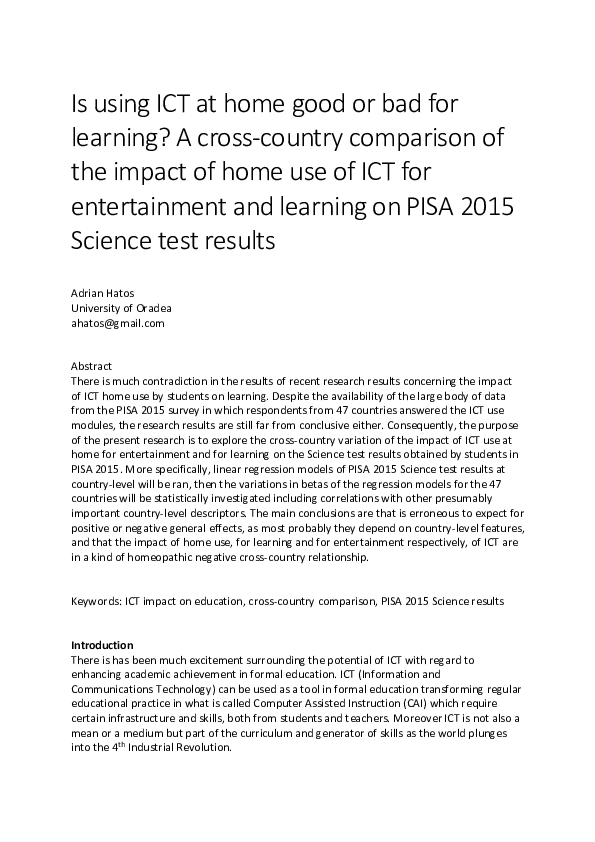 (PDF) Is using ICT at home good or bad for learning? A cross-country ...