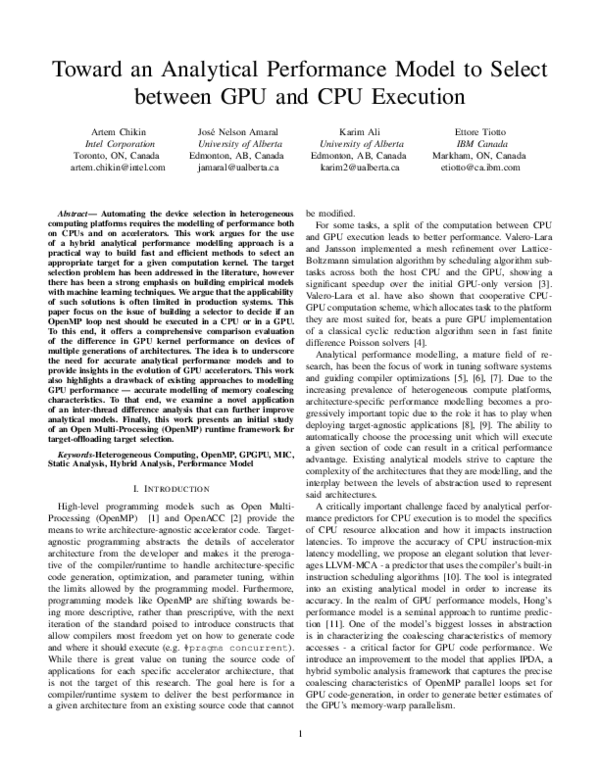 Pdf Toward An Analytical Performance Model To Select Between Gpu And