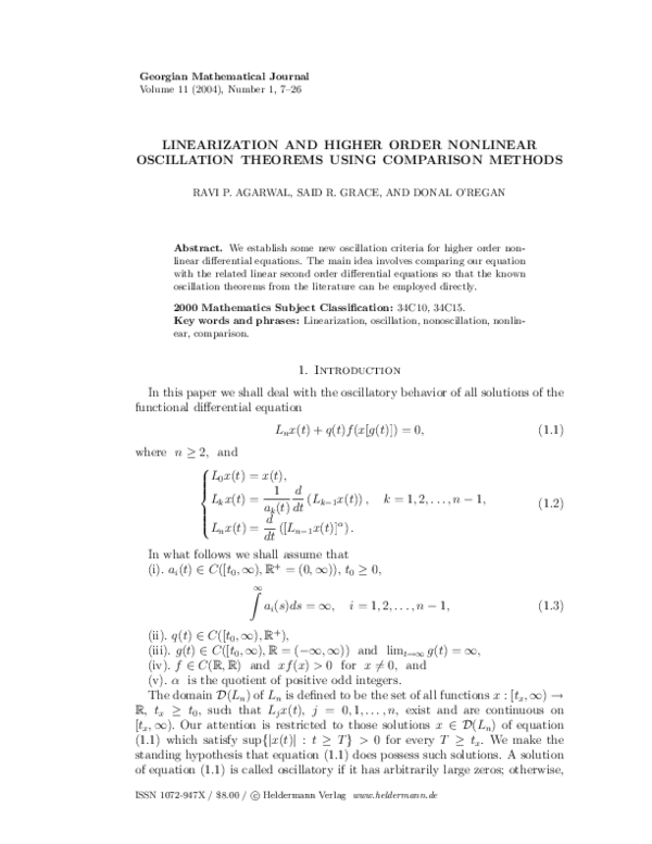 (PDF) Linearization and Higher Order Nonlinear Oscillation Theorems Using Comparison Methods