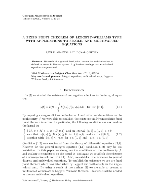 (PDF) A Fixed Point Theorem of Leggett-Williams Type with Applications to Single and Multivalued ...