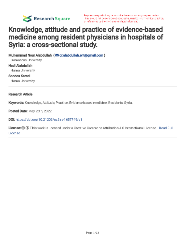 (PDF) Knowledge, attitude and practice of evidence-based medicine among resident physicians in ...