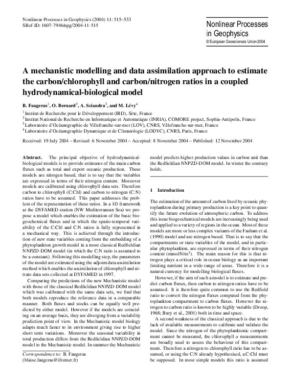 (PDF) A mechanistic modelling and data assimilation approach to estimate the carbon/chlorophyll ...