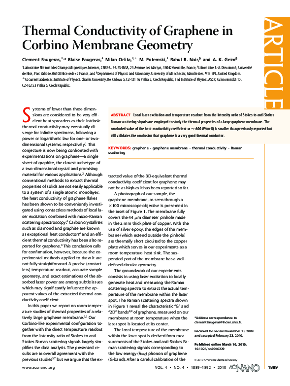 (PDF) Thermal Conductivity of Graphene in Corbino Membrane Geometry