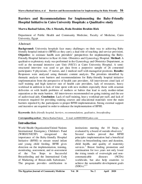 (PDF) Barriers and Recommendations for Implementing the Baby-Friendly ...