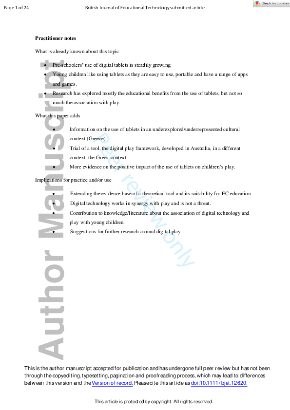 (PDF) Using tablets in free play: The implementation of the digital play framework in Greece