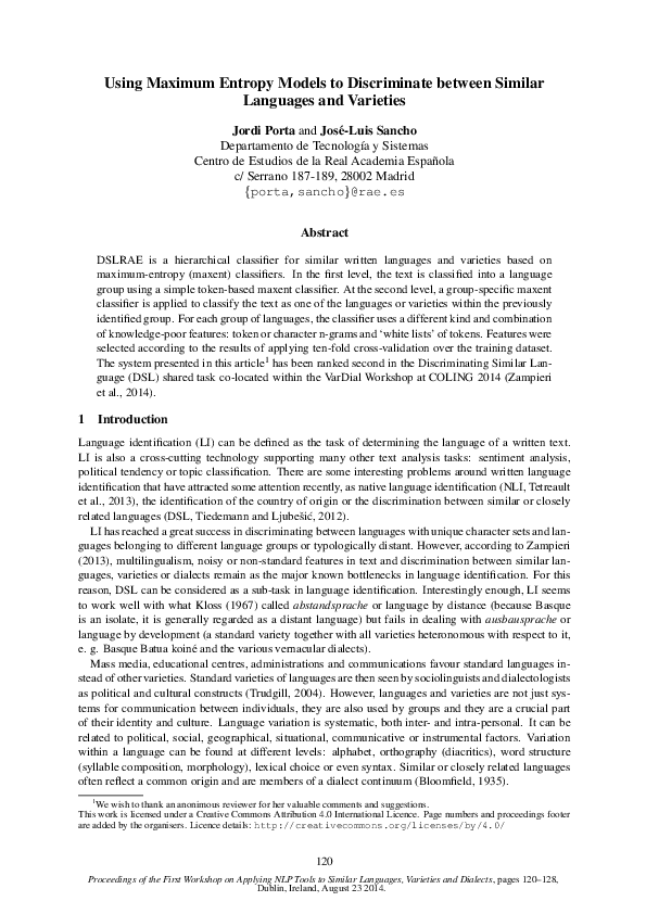Pdf Using Maximum Entropy Models To Discriminate Between Similar Languages And Varieties