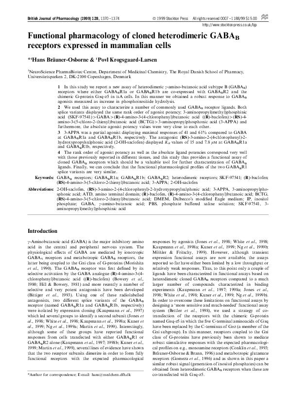 (PDF) Functional pharmacology of cloned heterodimeric GABAB receptors ...
