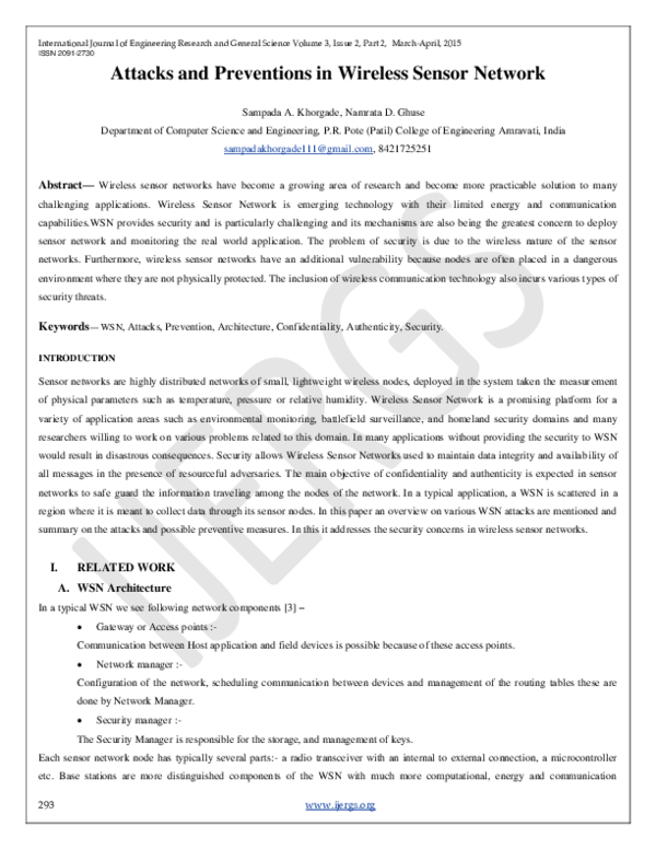 (PDF) 293 www.ijergs.org Attacks and Preventions in Wireless Sensor Network